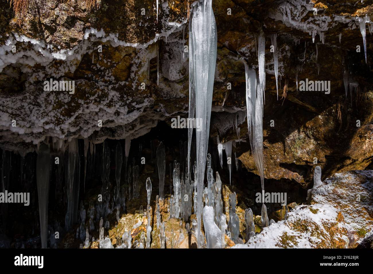 Ice stalagmites and stalagtites inside the "frozen bamboo" cave in ...