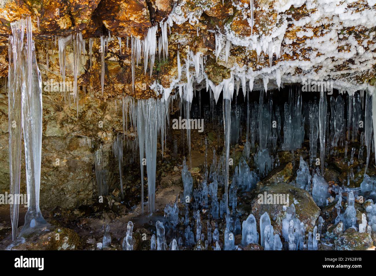 Ice formations inside a cave in winter in Northern Japan Stock Photo ...