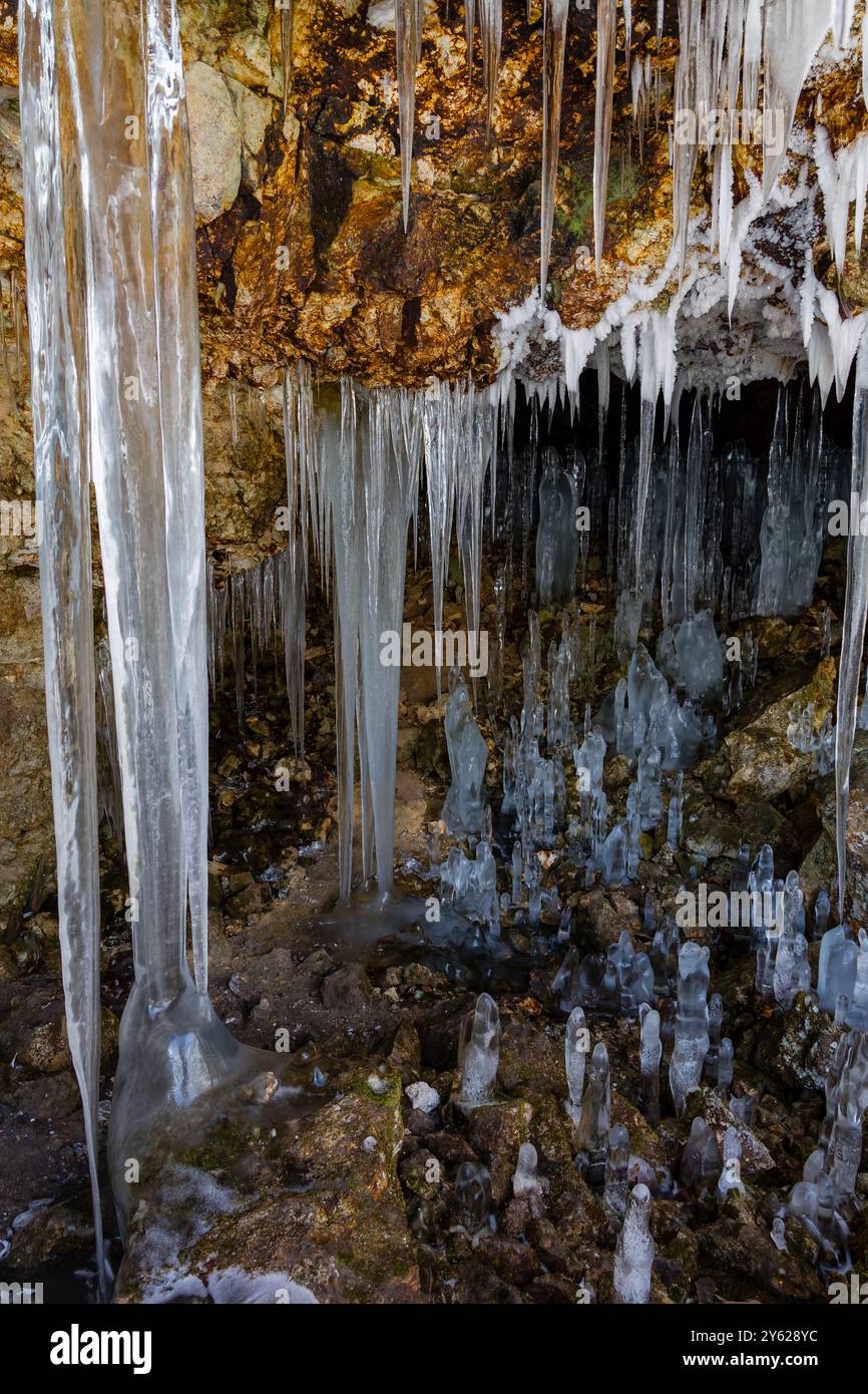 Ice stalagmites and stalagtites inside the "frozen bamboo" cave in ...