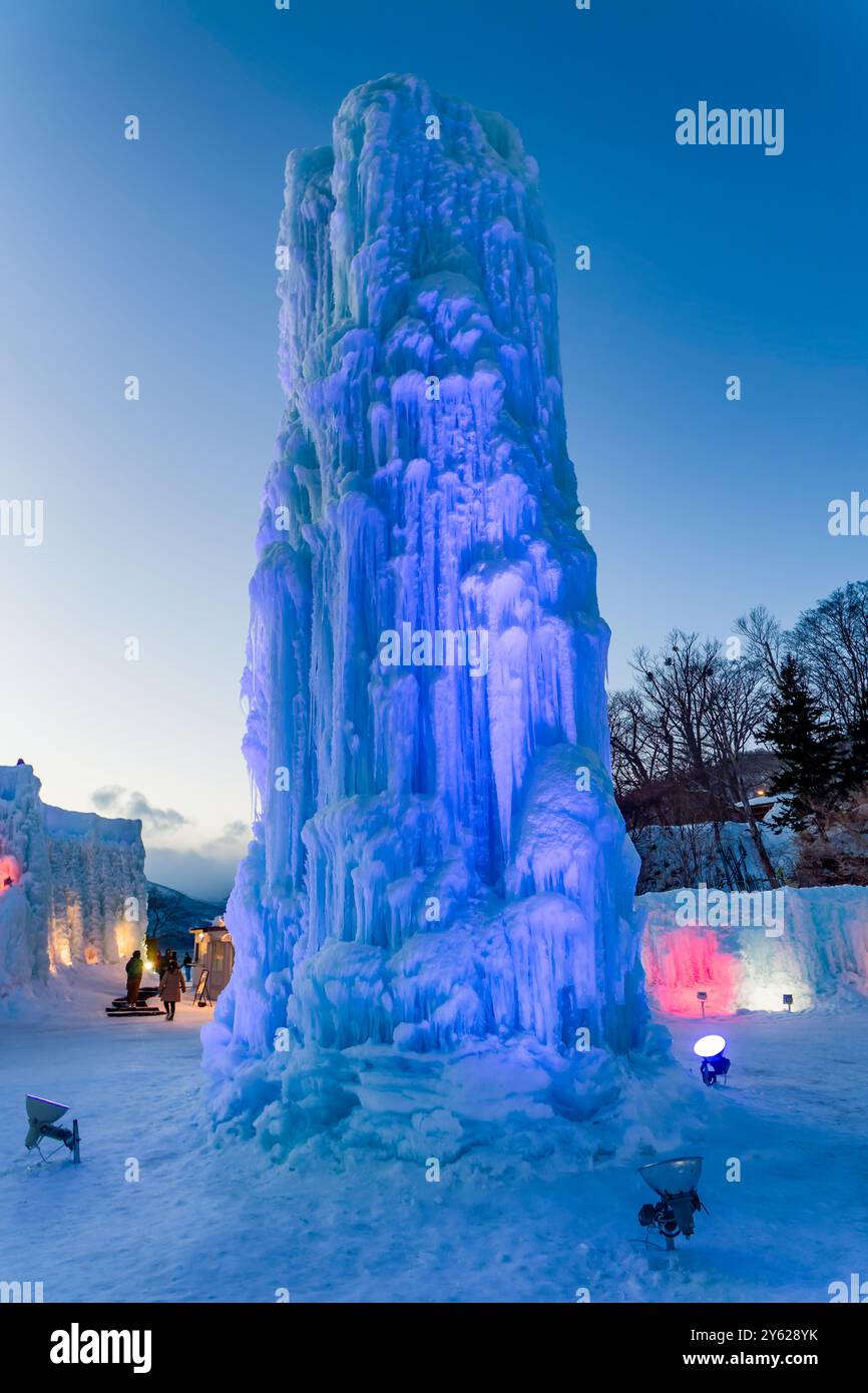 Illuminated frozen ice pillars at Lake Shikotsu in Hokkaido, Japan ...