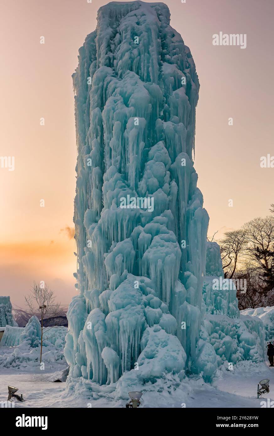 Frozen vertical ice pillars at Lake Shikotsu at sunset Stock Photo - Alamy