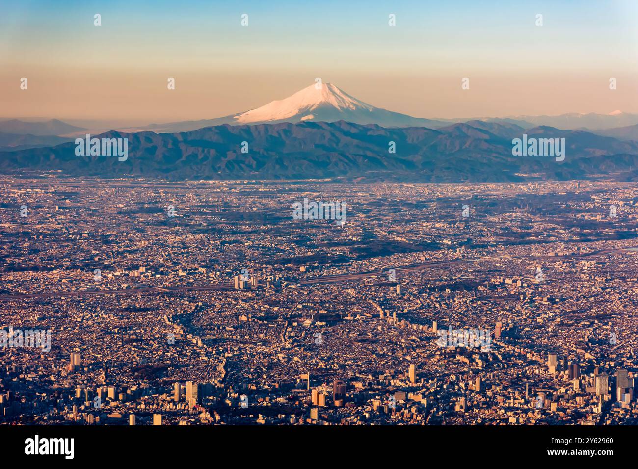 Aerial view of snowy Mount Fuji and Tokyo on a winters sunrise Stock ...