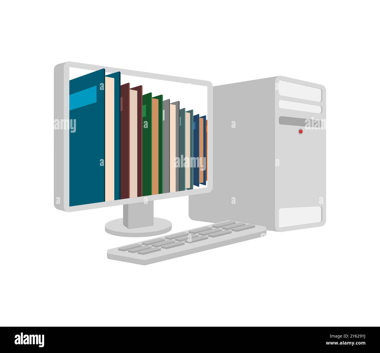 Online library. Books fly out of computer monitor. pile of books in ...