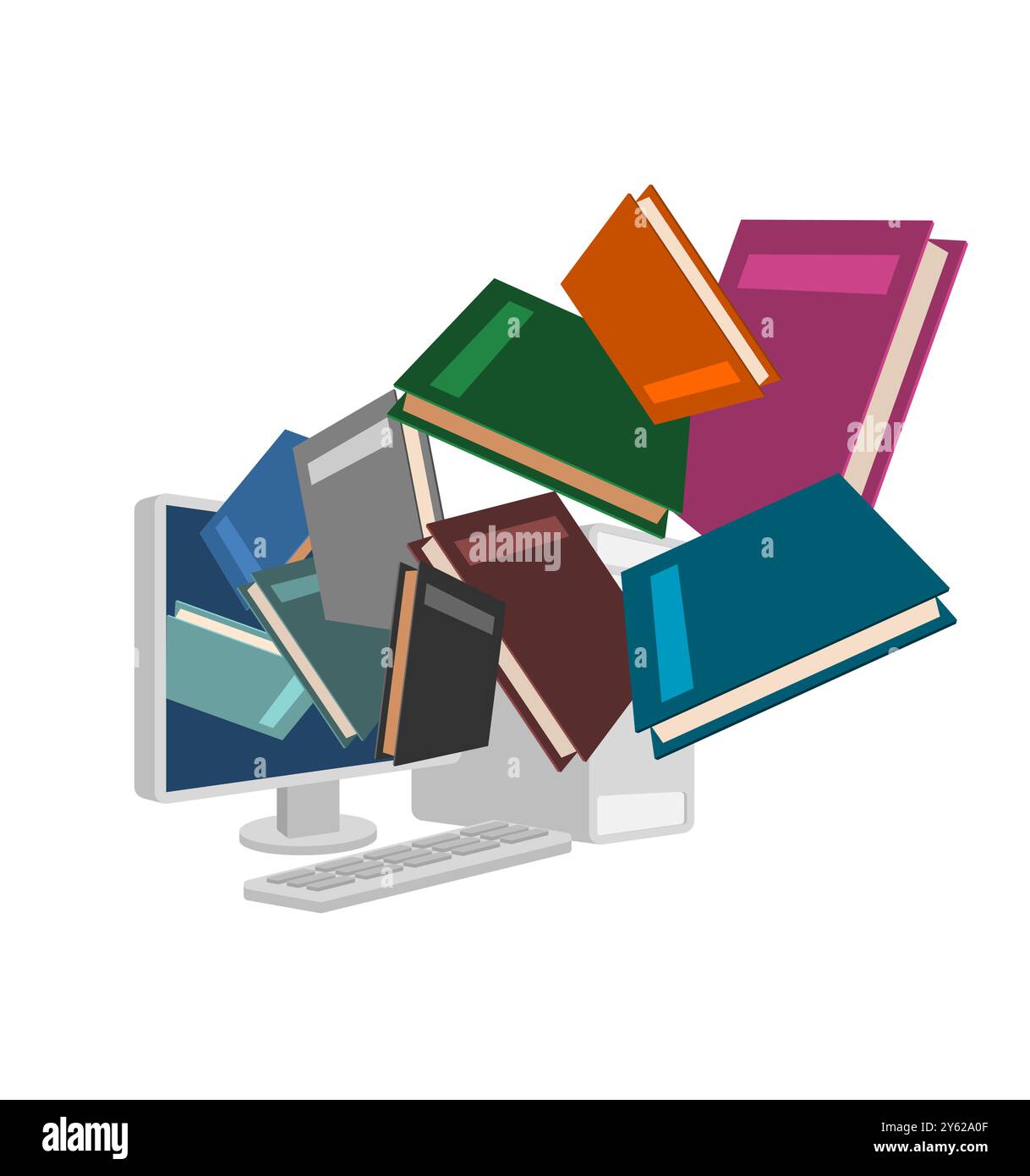 Online library. Books fly out of computer monitor. pile of books in ...