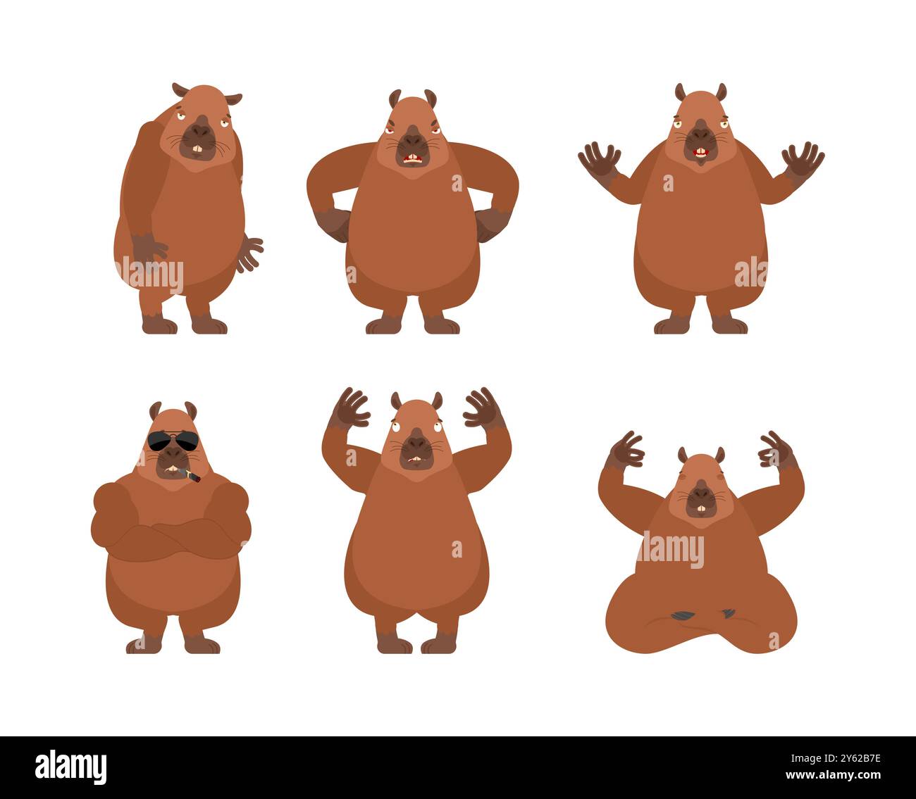 Capybara set poses and motion. rodent happy and yoga. Beast sleeping ...