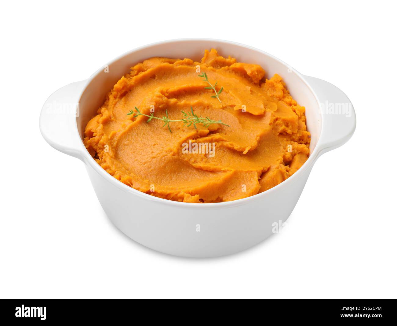 Delicious mashed sweet potatoes in pot isolated on white Stock Photo ...