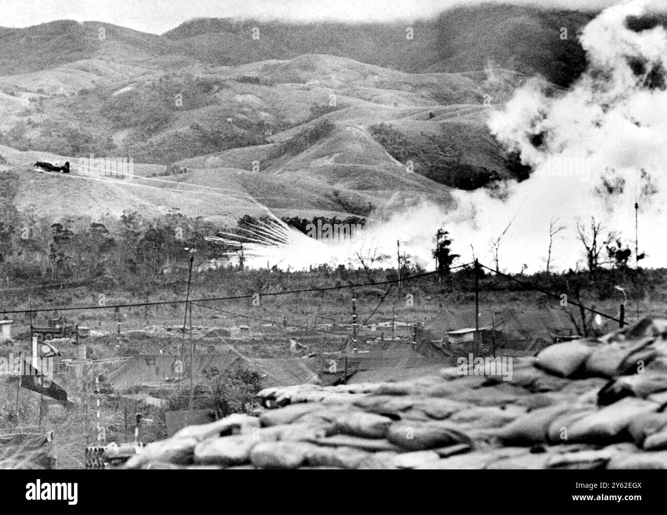 Khe Sanh, South Vietnam: Skyraider drops a bomb on the perimeter of the ...