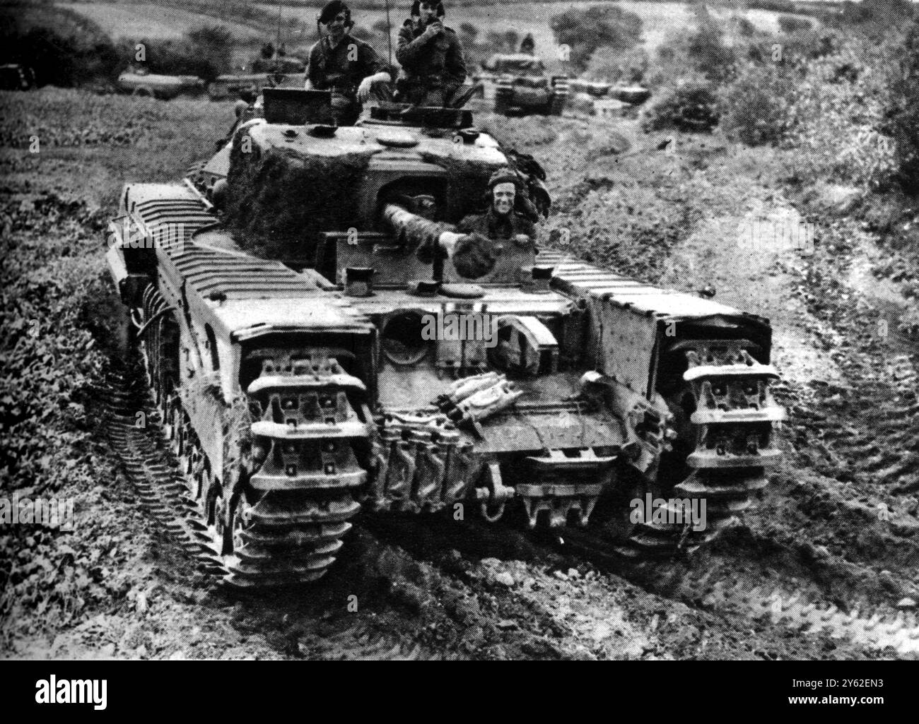 A frontal view of a Churchill flame throwing tank, one of a number ...