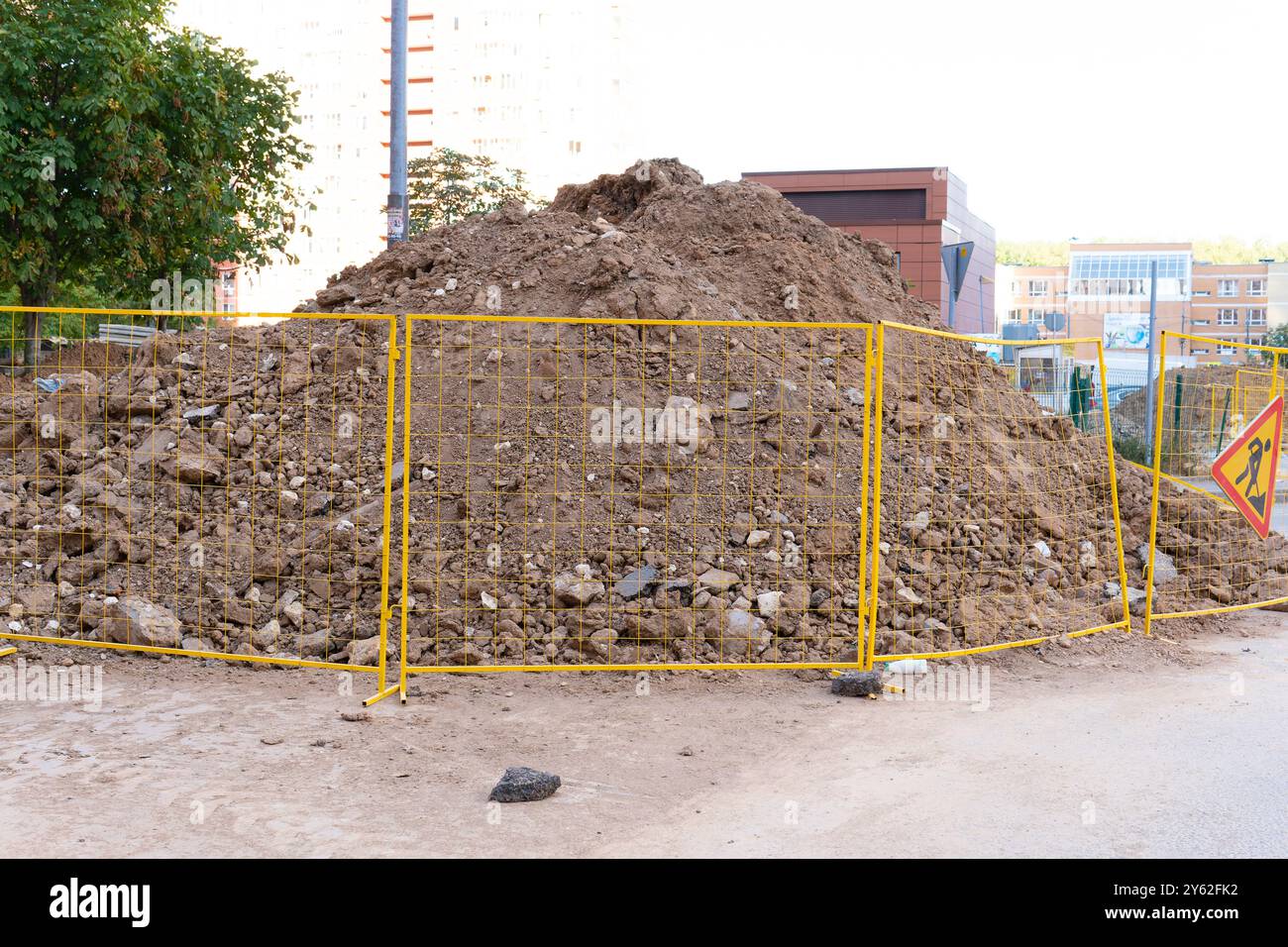 trench work ground heap drainage pipe dig sign hole sewage underground ...