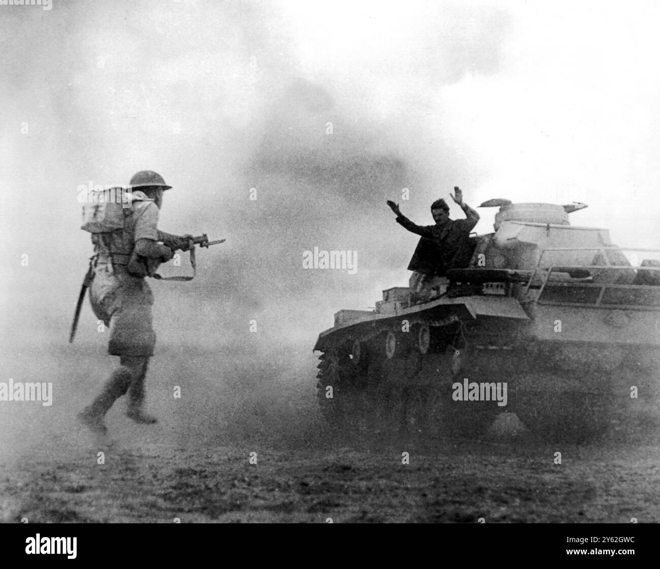 The Battle of El Alamein. A German tank surrenders to a British ...