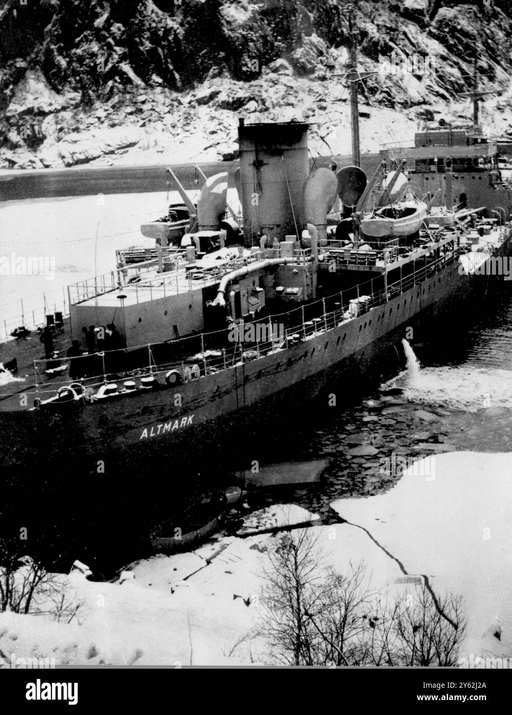 The German Warship "Altmark" anchored amidst the ice floes in Yosing ...