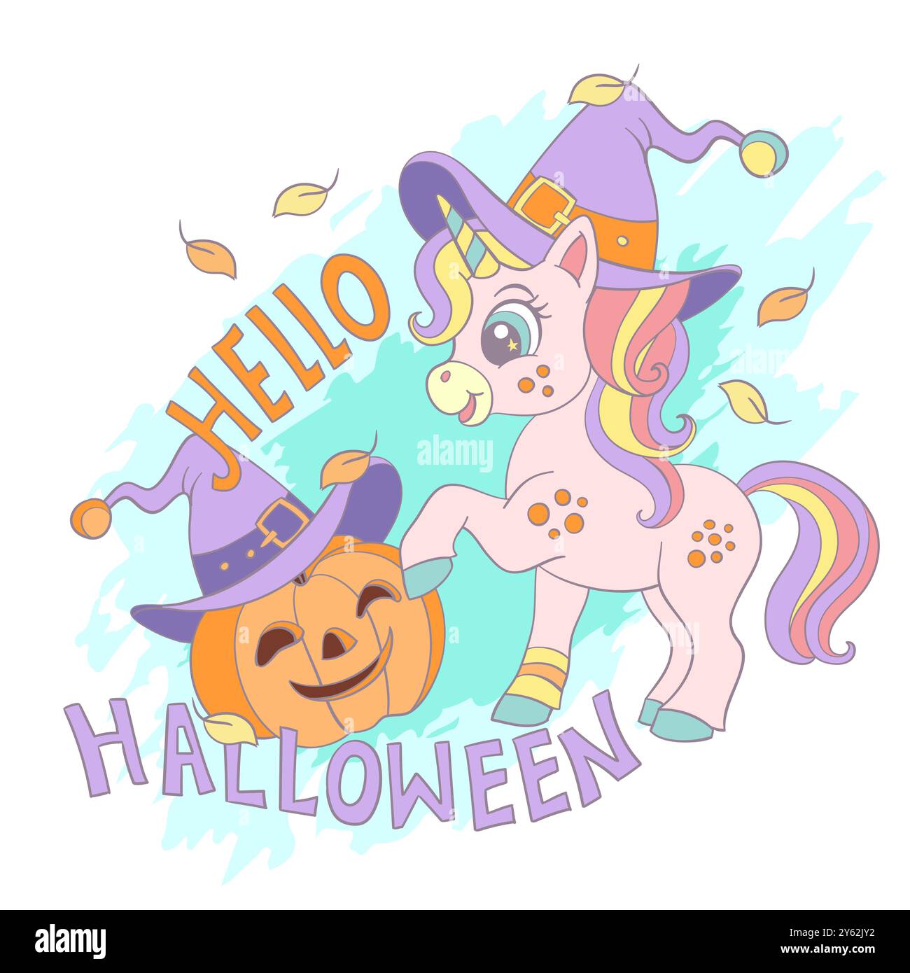 Halloween card with cute unicorn and pumpkin wearing witch hats ...