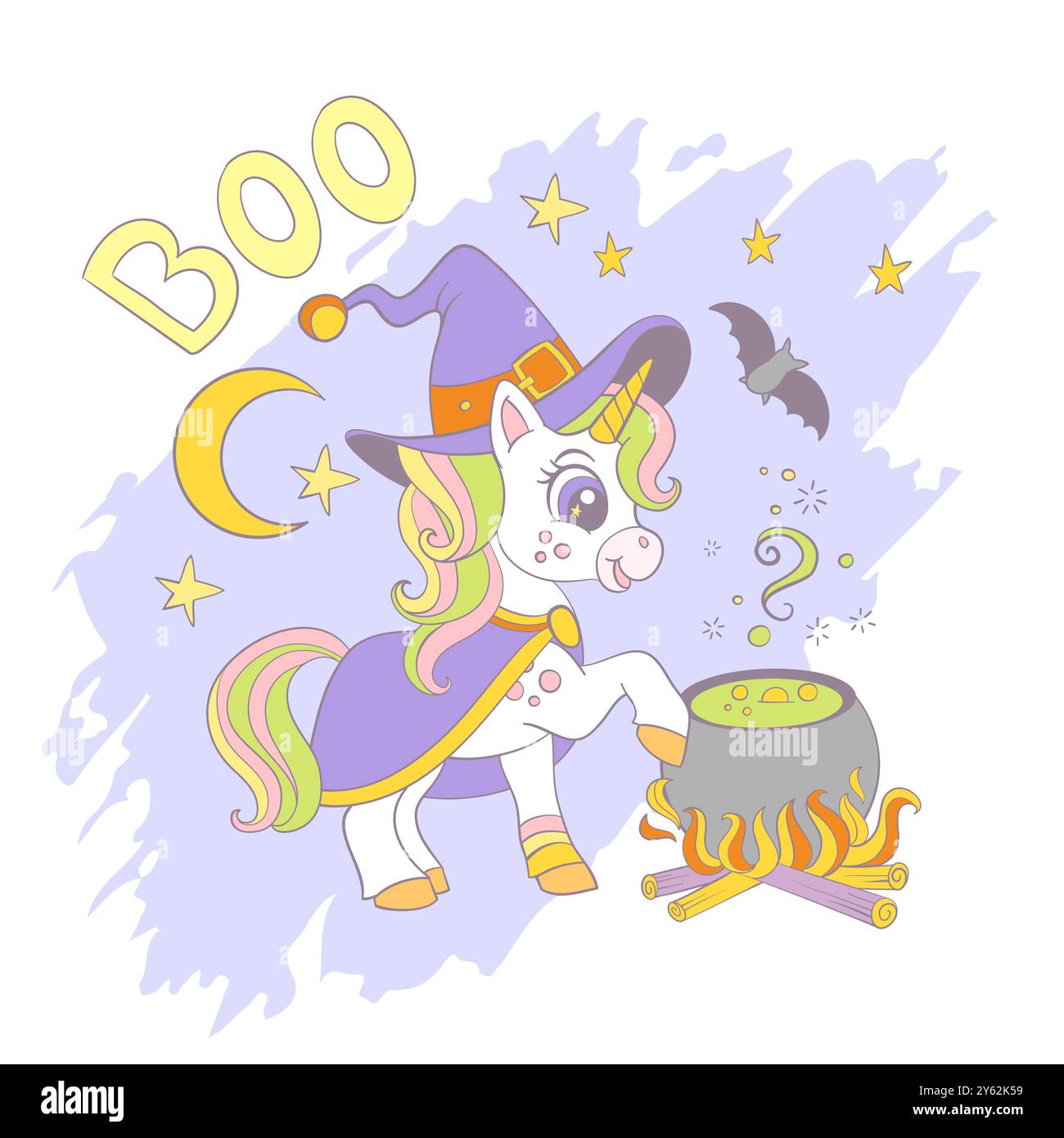 Halloween card unicorn witch, bat and a boiling pot of potion ...