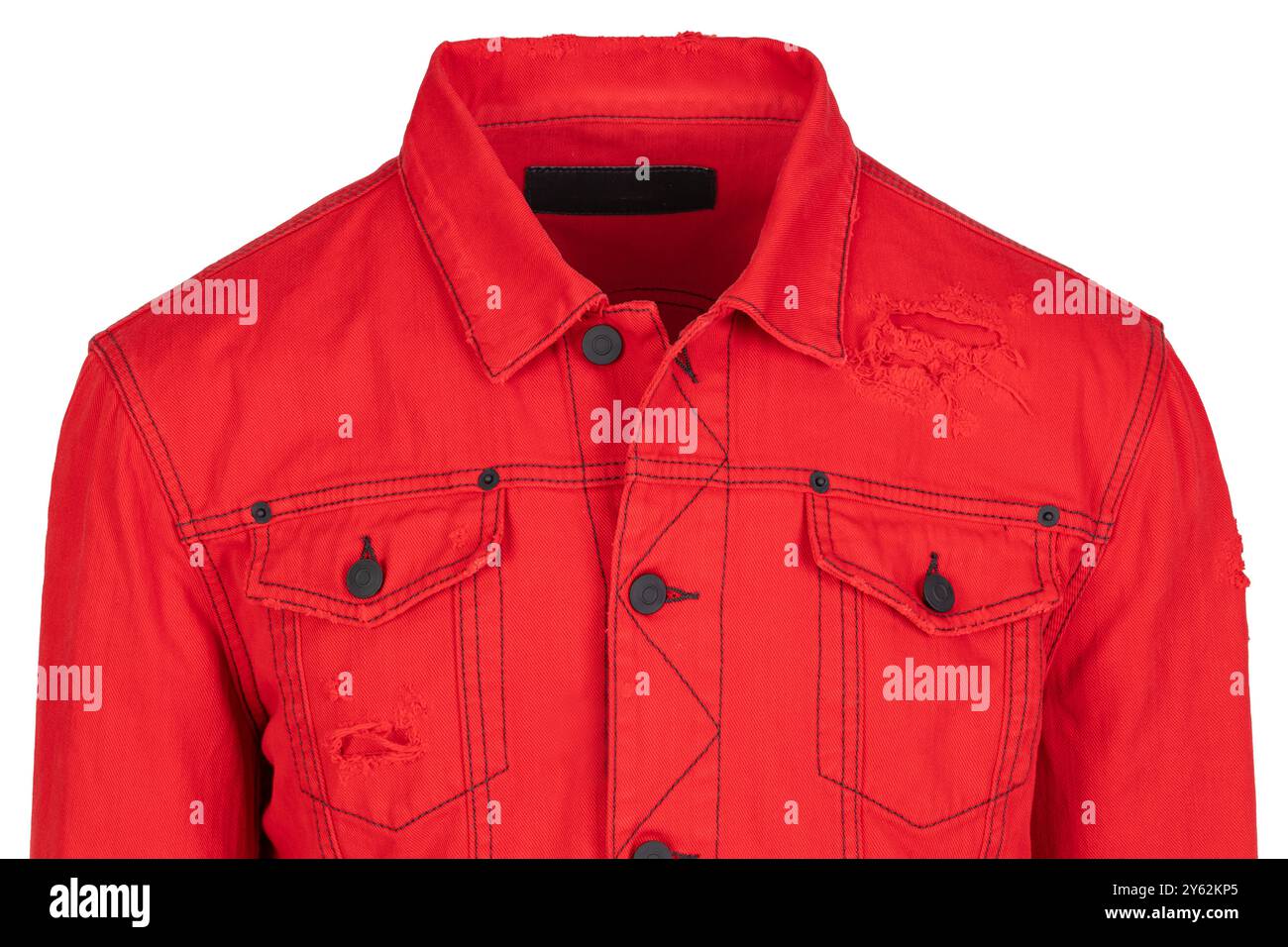 Red denim jacket with distressed details Stock Photo - Alamy