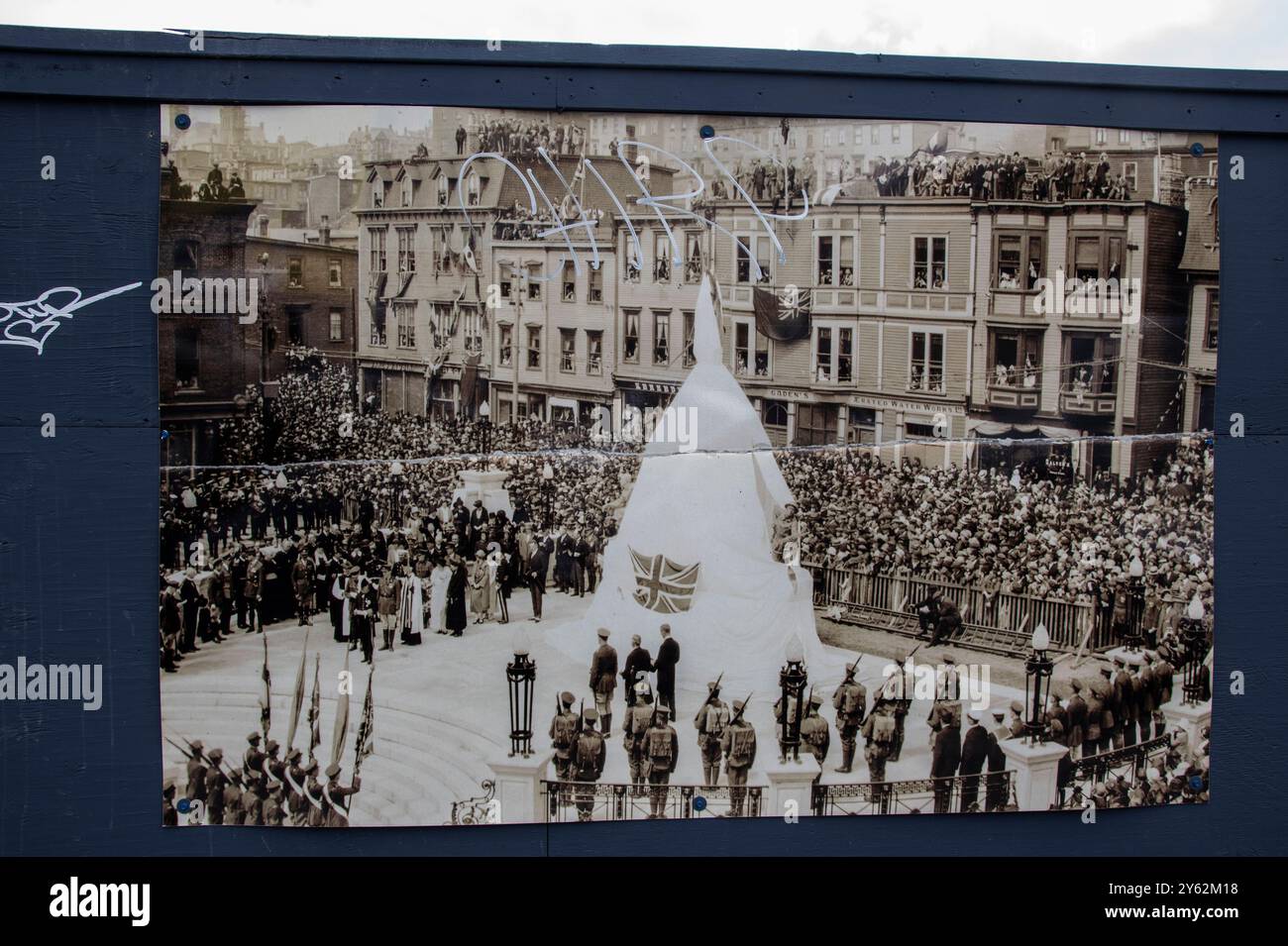 National War Memorial sign on erecting the monument on Duckworth Street ...