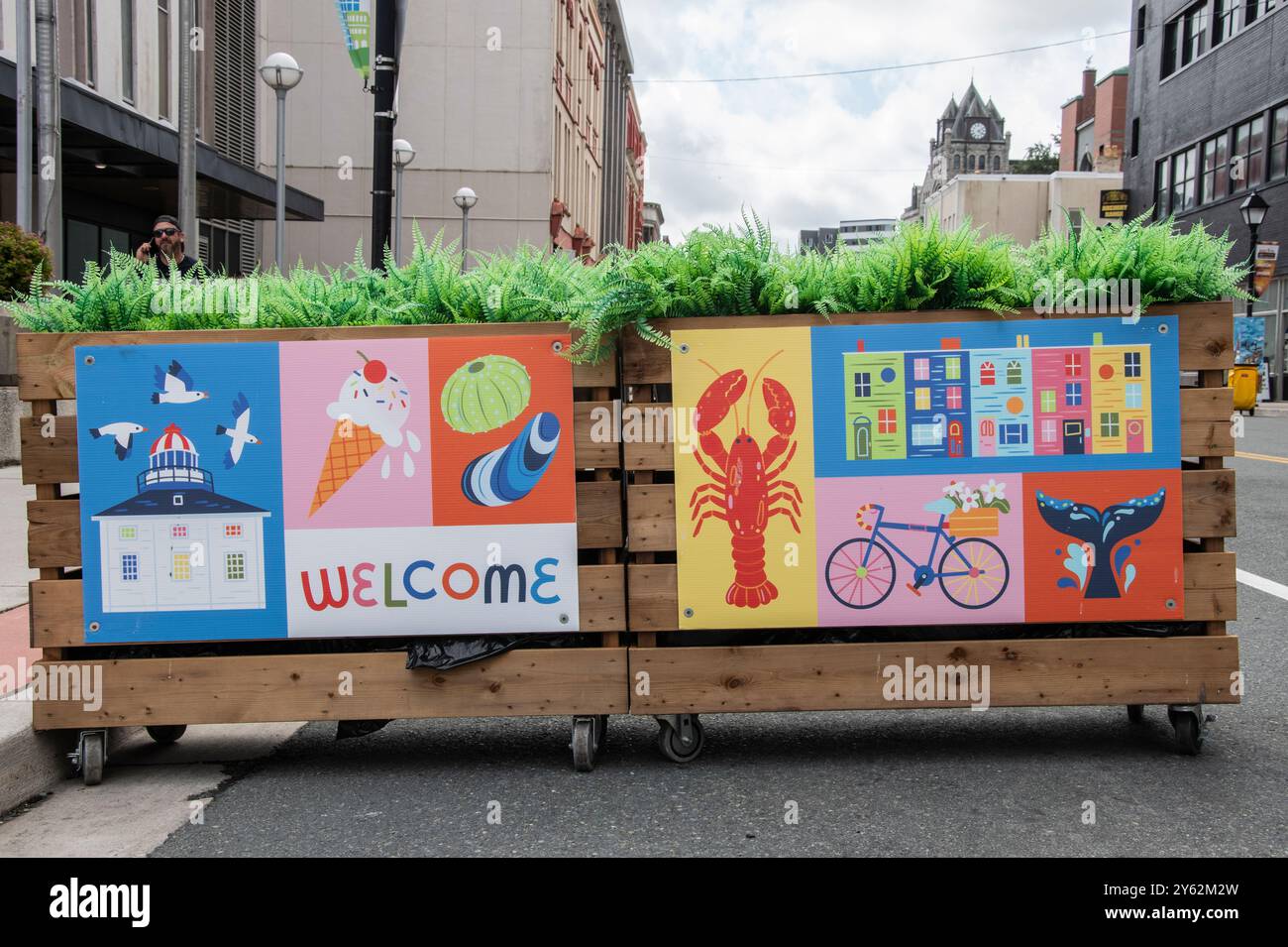 Welcome sign at the pedestrian mall on Water Street in downtown St ...
