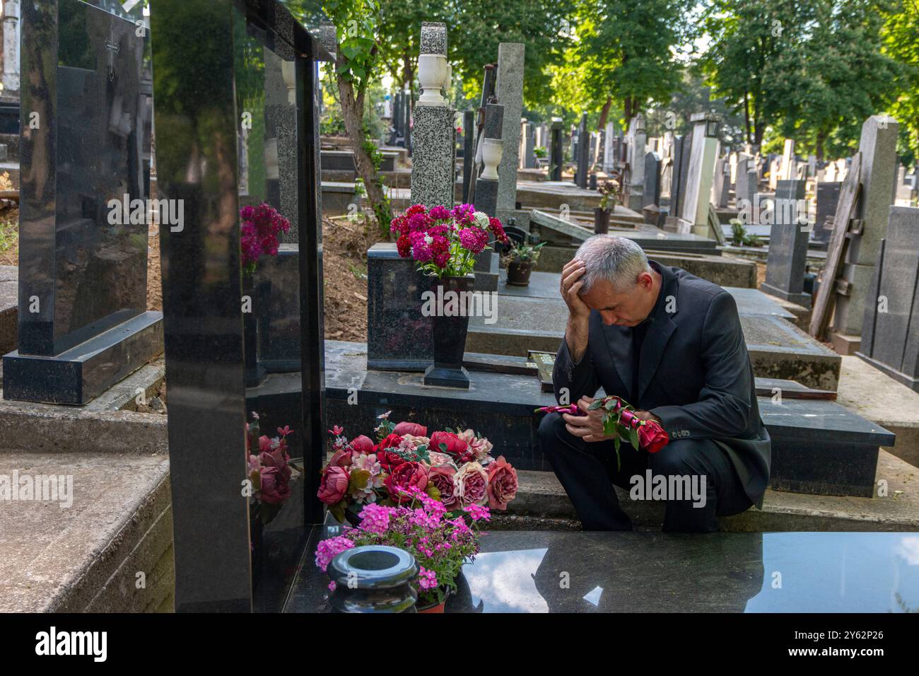 Mature man in black clothes on cemetery, holding a flower and mourning ...