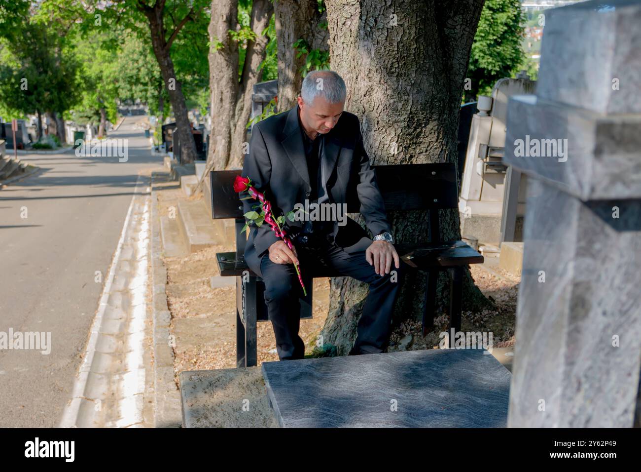 Mature man in black clothes on cemetery, holding a flower and mourning ...