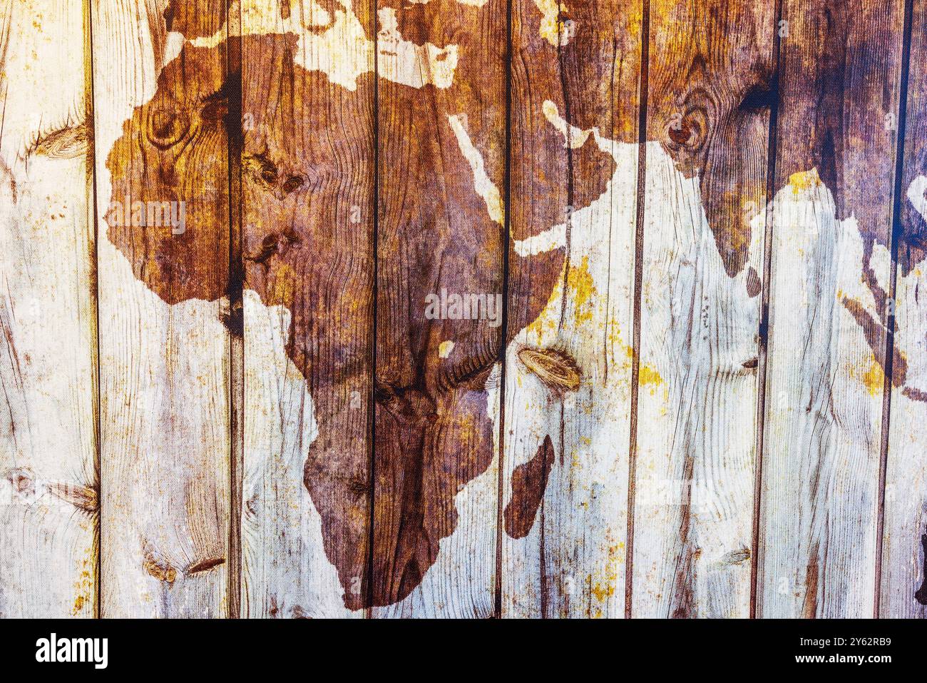 Close-up view of world map painted on wooden planks with focus on ...