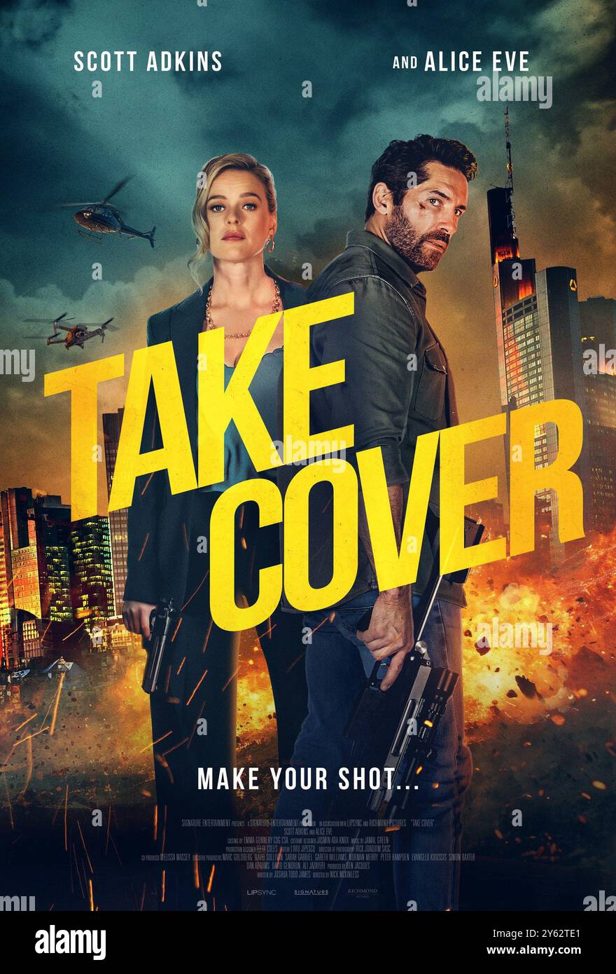 TAKE COVER, poster, from left: Alice Eve, Scott Adkins, 2024. © Signature Entertainment ...