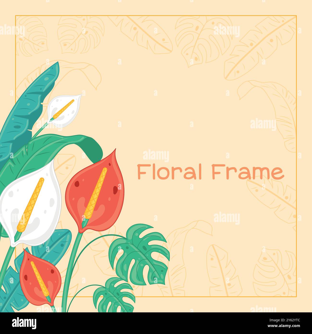 Floral frame with colorful anthurium and green leaves Vector Stock ...