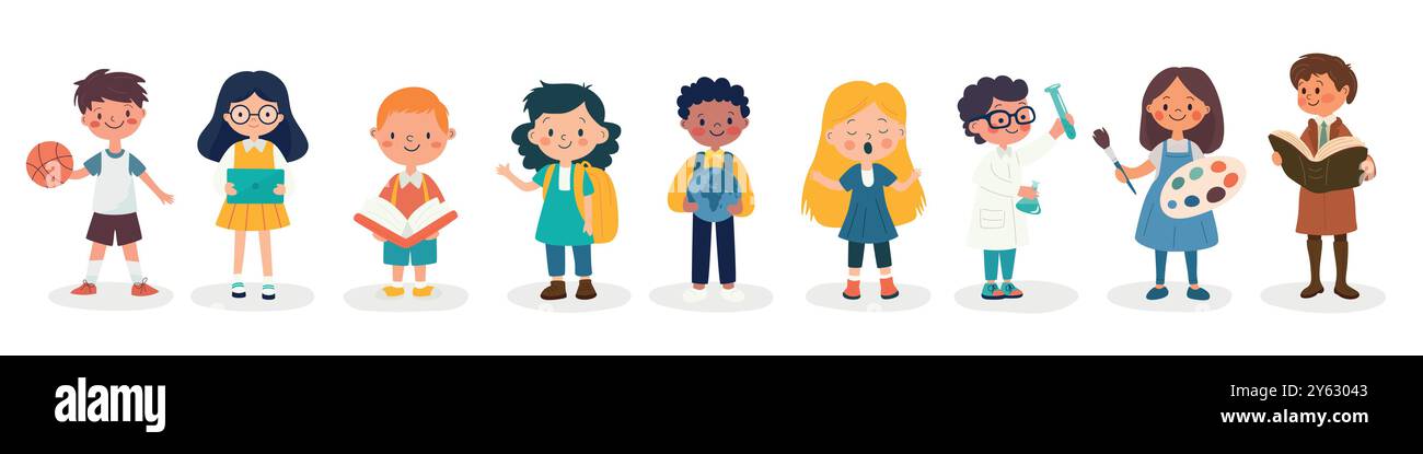 Flat Cartoon School Kids Subject Stickers - Science, Literature ...