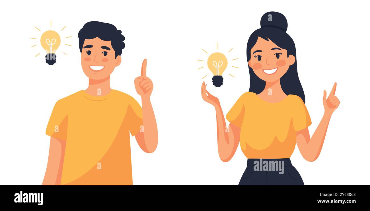 Man and Woman with Lightbulb Idea Sign. Great Idea Concept. Characters ...
