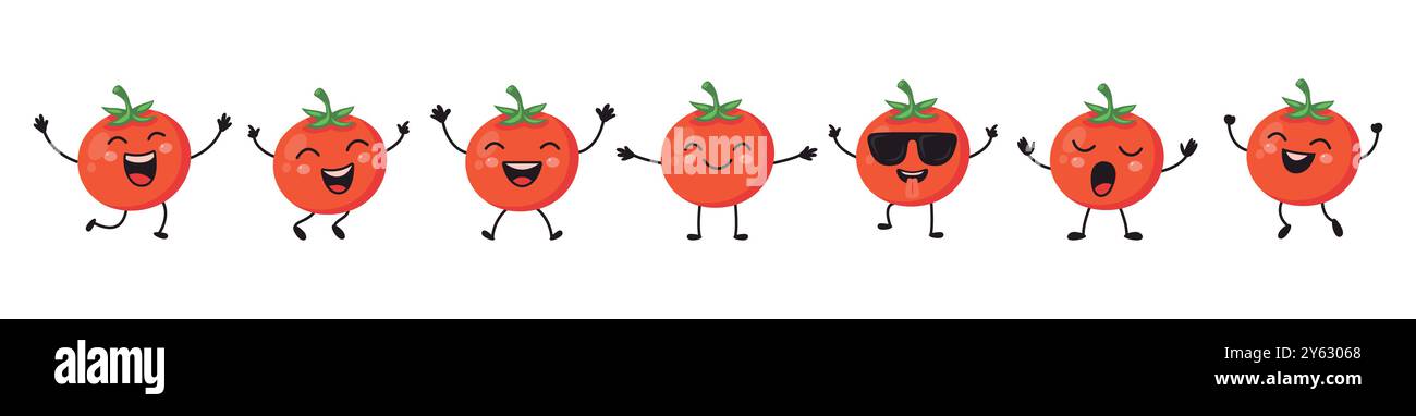 Flat Vector Cartoon Cute and Funny Tomato Character. Dancing, Smiling ...
