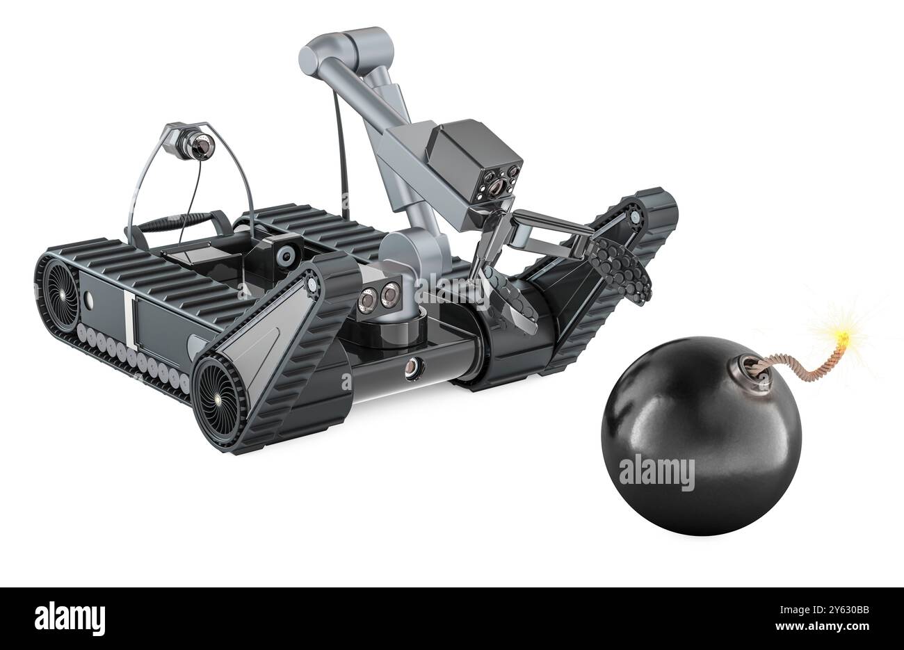 Bomb disposal robot and black round bomb with burning fuse, 3D ...