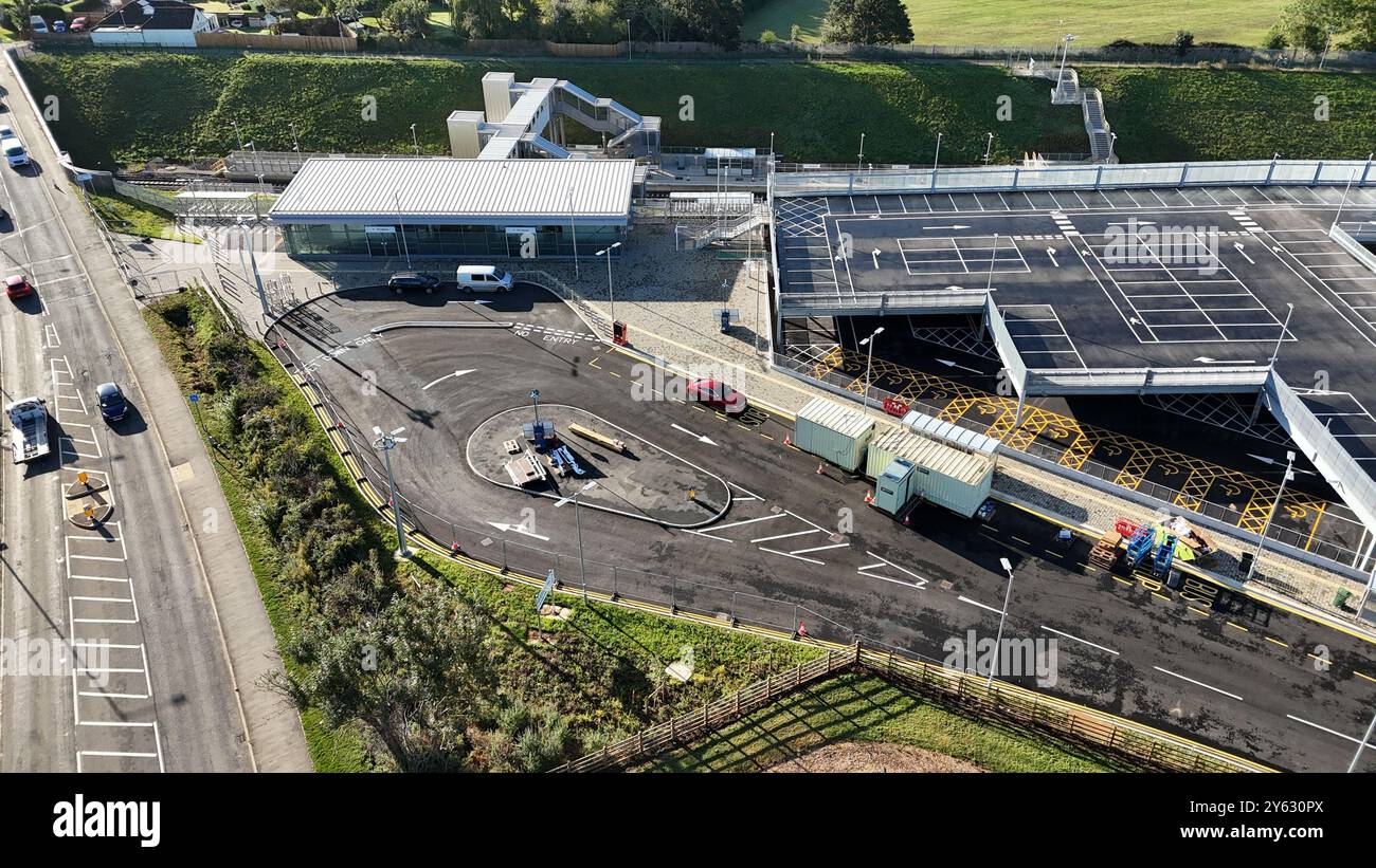 Aerial view of a newly constructed parking lot and roundabout with ...