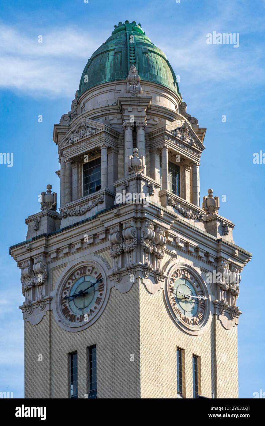 Yonkers, NY - US - Sep 21, 2024 Closeup of the clock tower of the ...