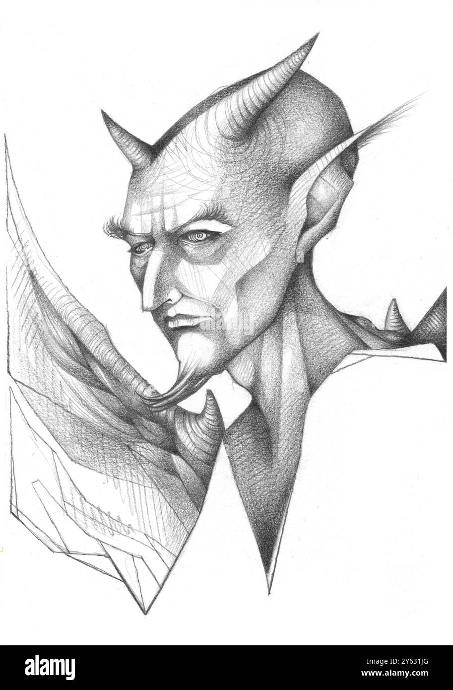 Graphite illustration of a portrait of a male face resembling a horned ...