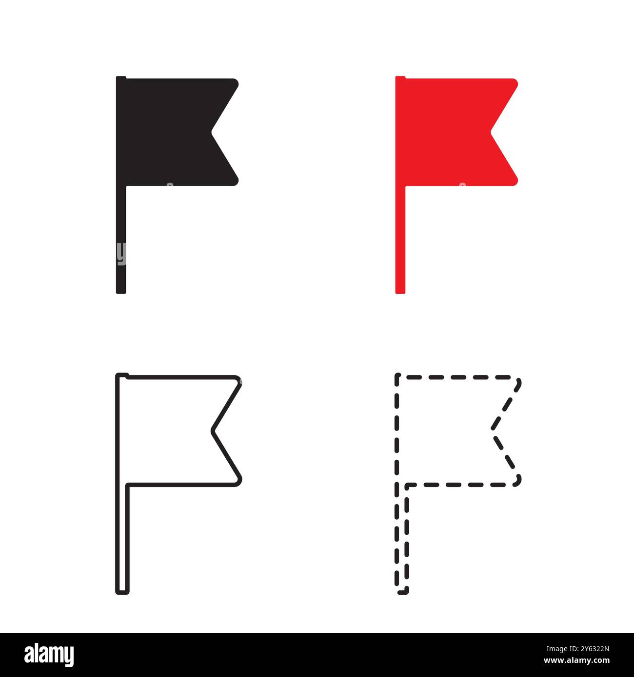 Flag icon set. Red and black flags. Outline and dashed style. Minimal vector shapes Stock Vector ...