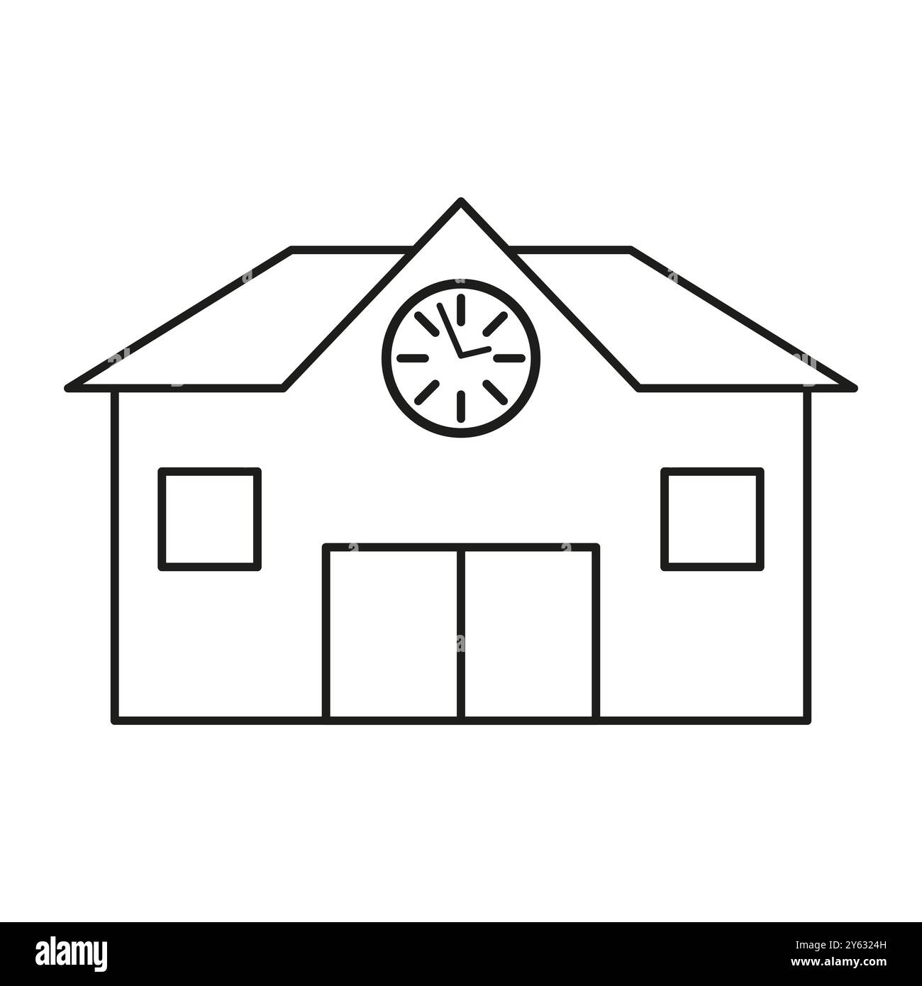 School building icon. Clock on school facade. Educational facility ...