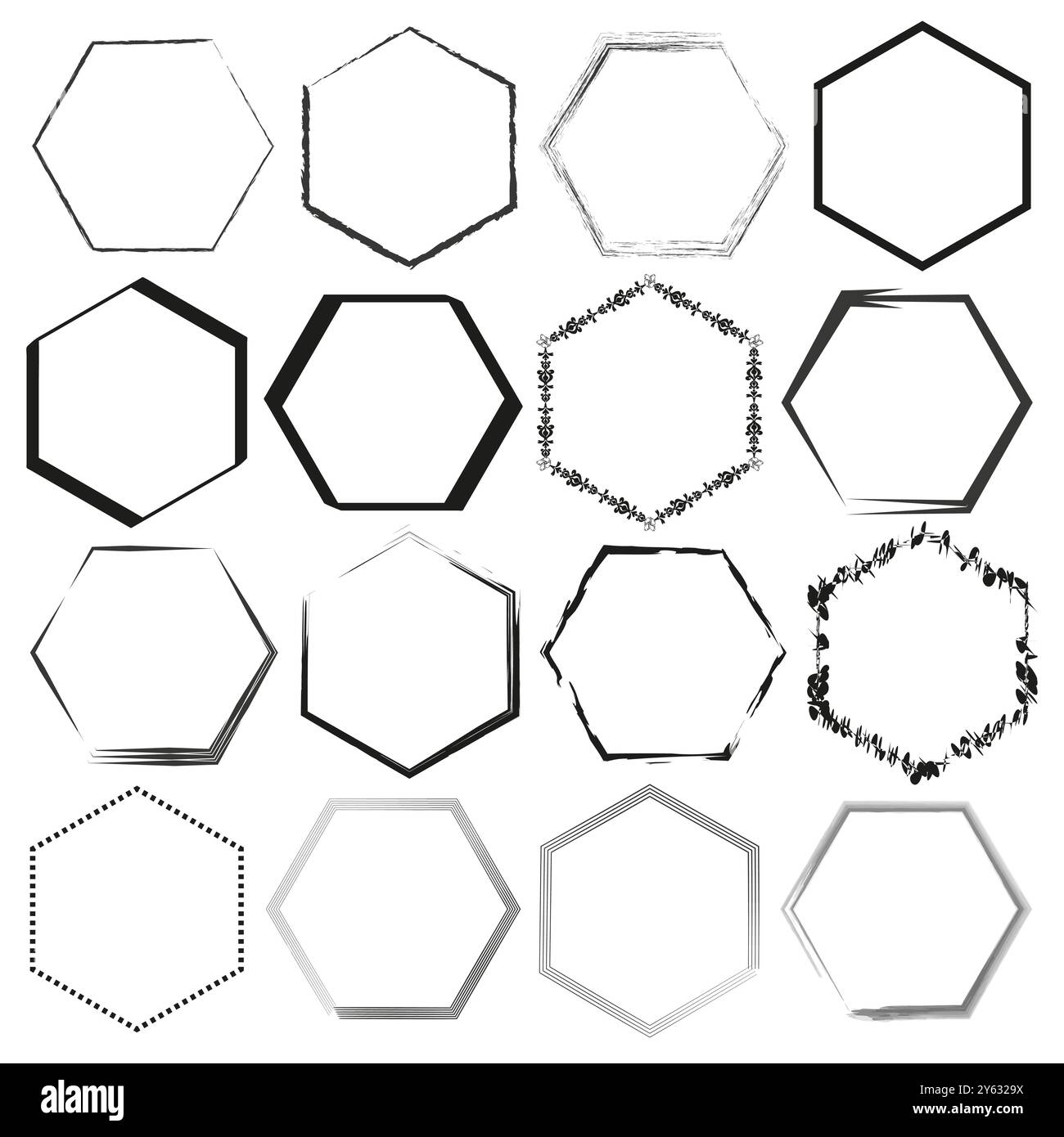 Hexagonal frame collection. Hand-drawn geometric borders. Abstract hexagon shapes. Black and ...