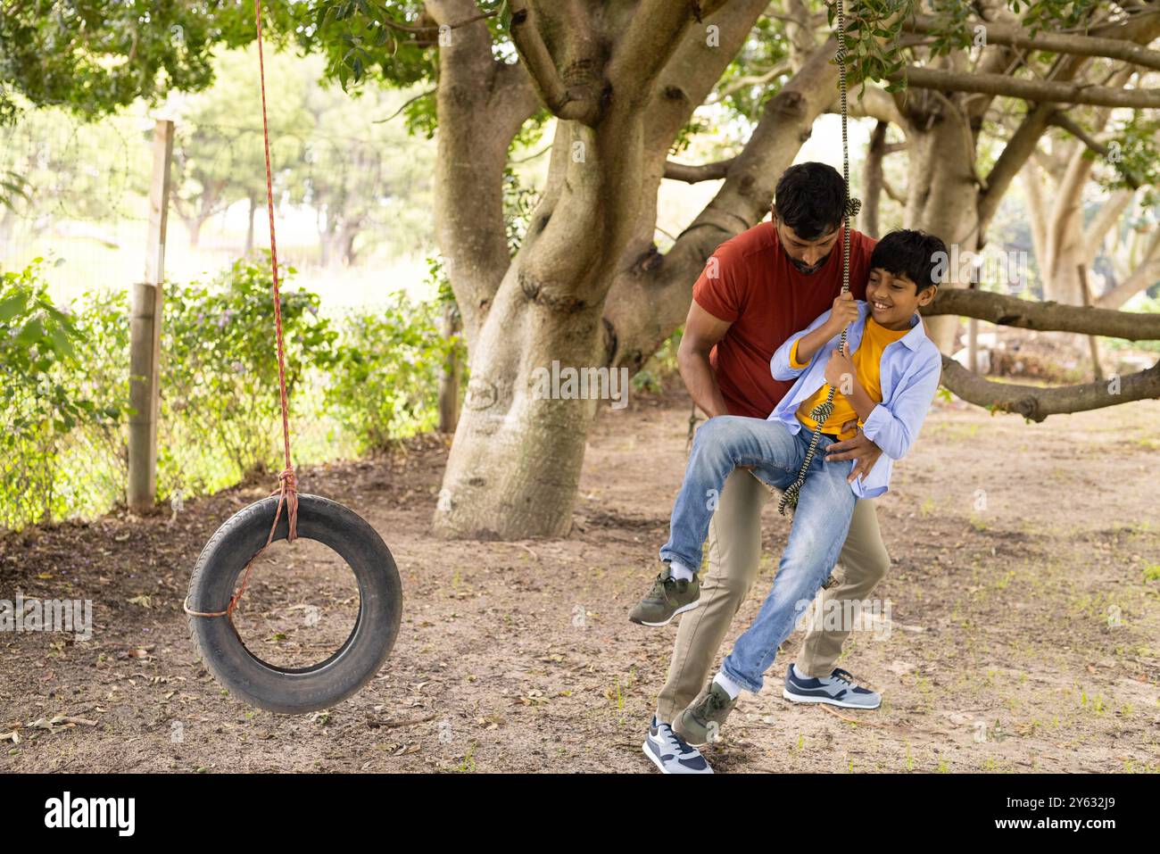 Indian father pushing young son on tire swing in park, enjoying outdoor ...