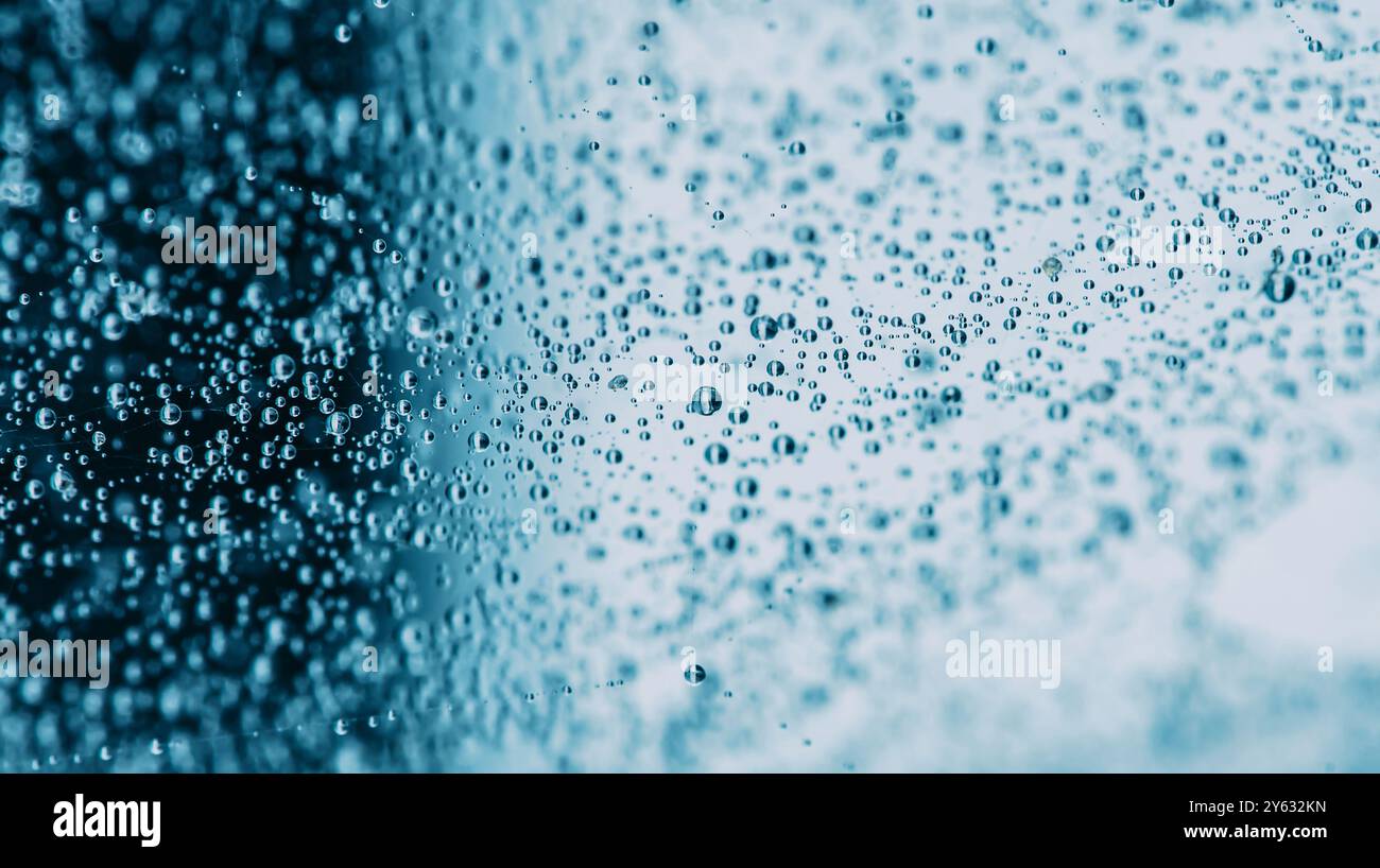 Macro photography showing tiny bubbles floating in blue liquid, creating an abstract background ...