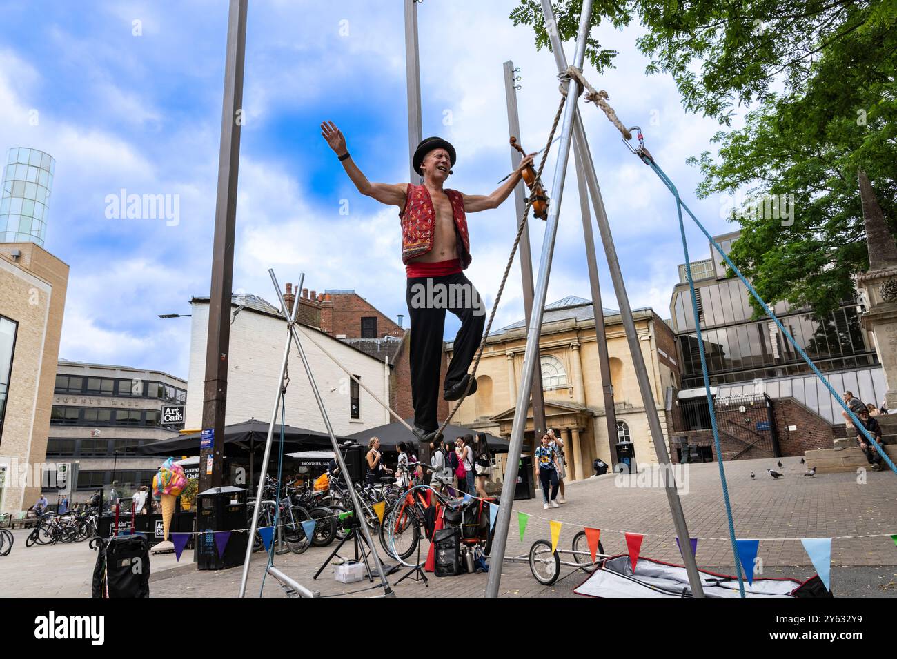 Oxford United Kingdom - July 25 2024; Street entertainer balancing on ...