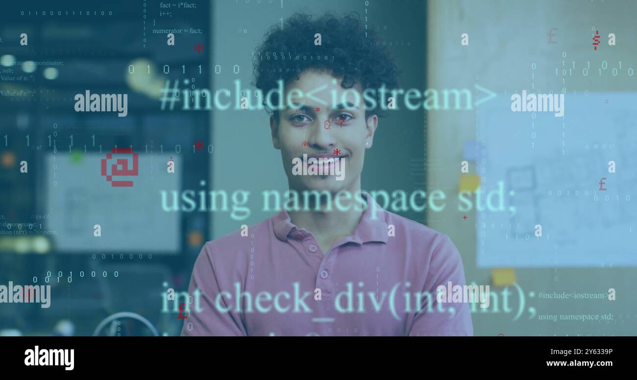 Binary code and data processing image over smiling young man in office ...