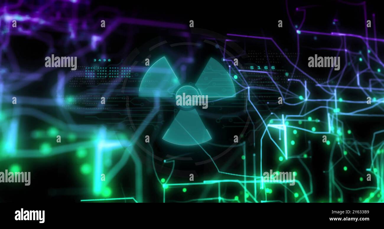 Radiation hazard symbol image over digital network and data processing visualization Stock Photo ...