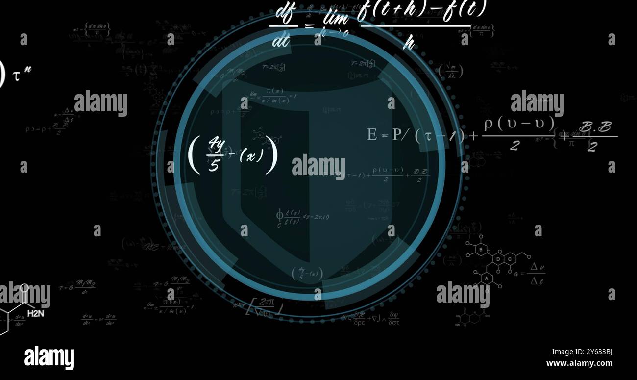 Mathematical equations and scientific formulas image over circular ...