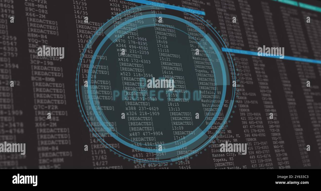 Digital data analysis image over redacted text and numbers on dark ...