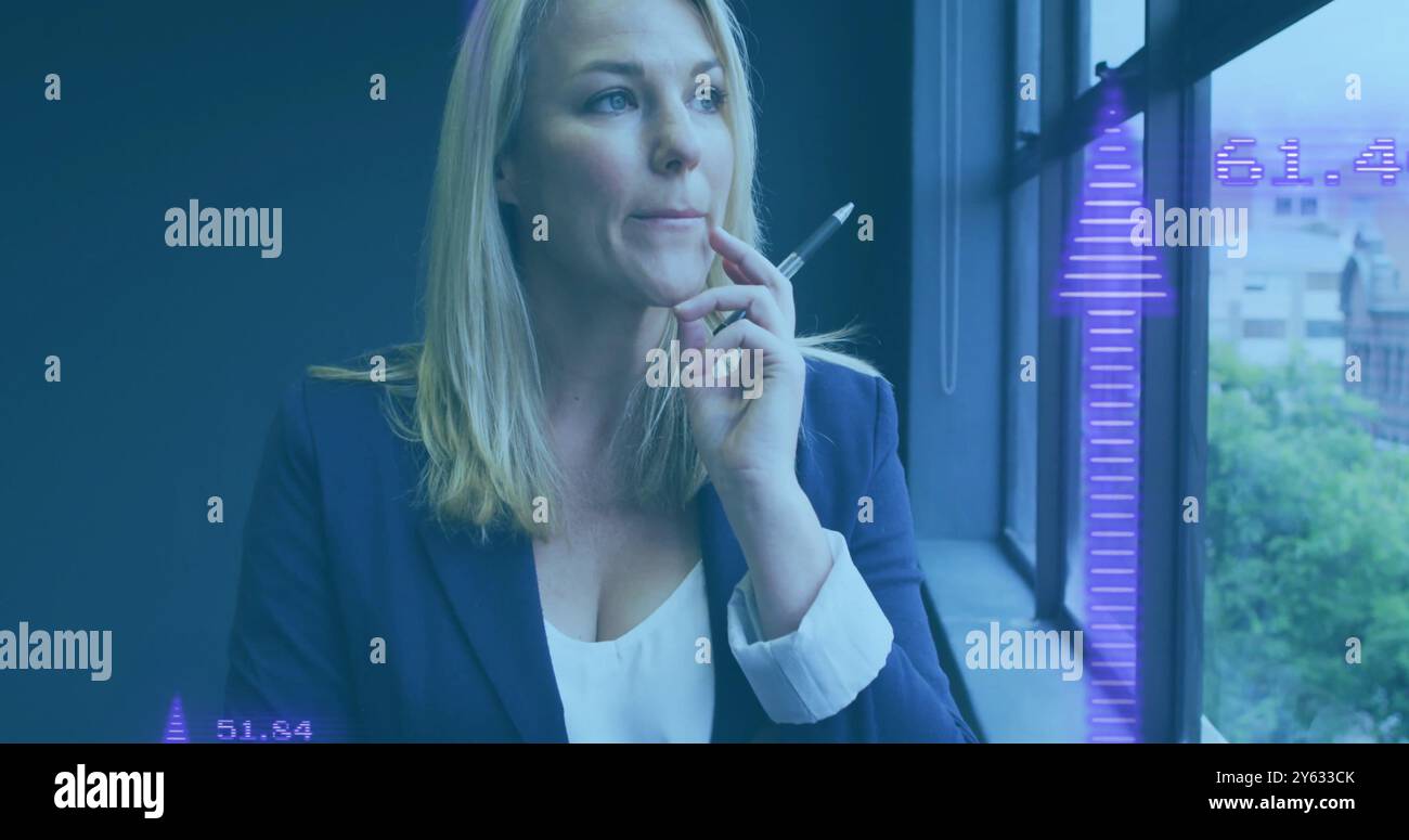 Holding pen and thinking, woman with data visualization image over her ...