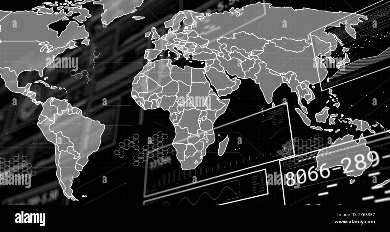 Image of data processing and world map over black background Stock Photo - Alamy