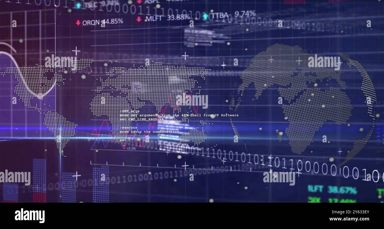 Image of binary coding and financial data processing over world map Stock Photo - Alamy