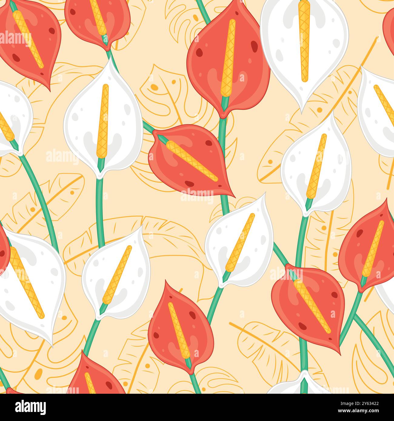 Anthurium flowers with tropical leaves seamless pattern Vector Stock ...
