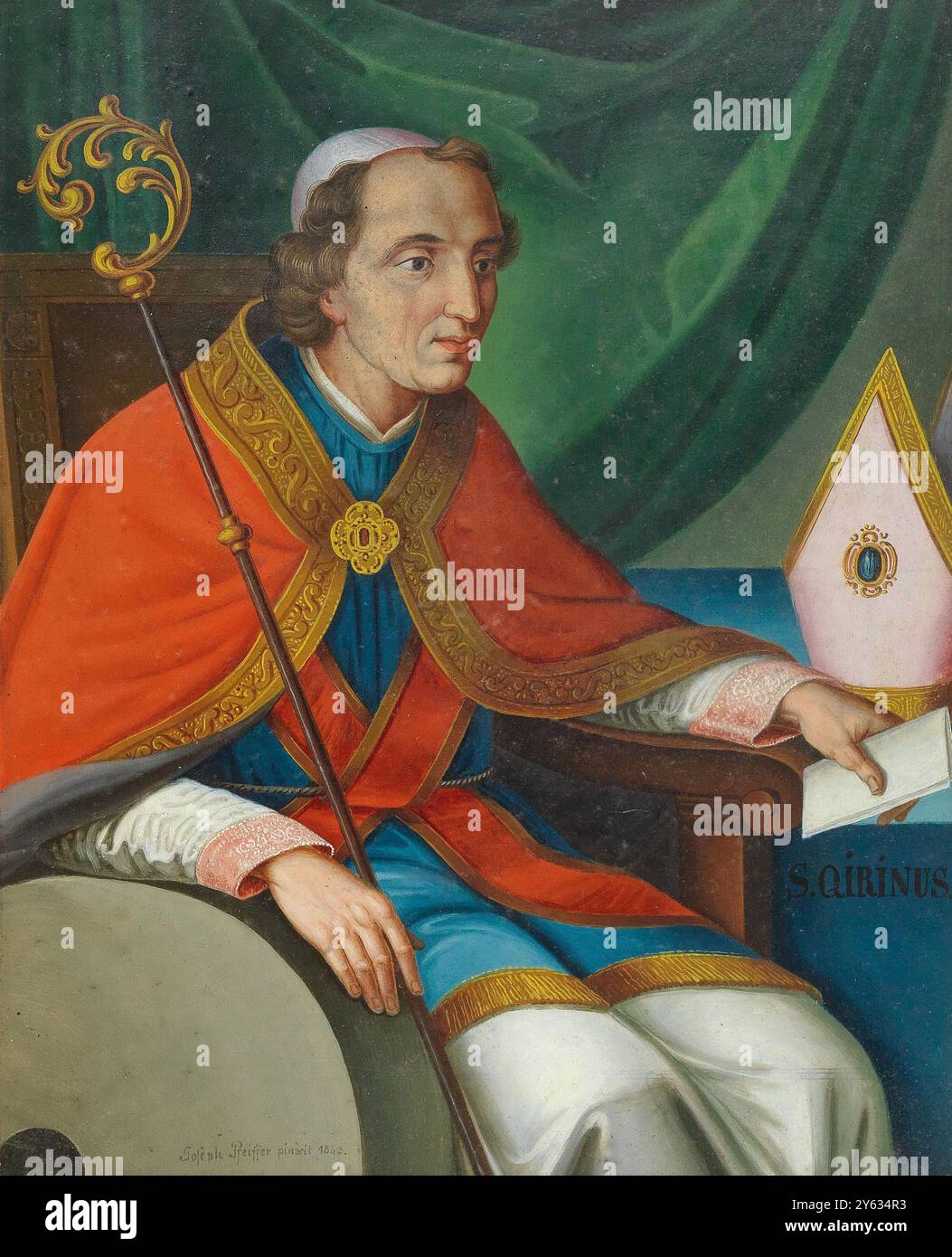 Saint Quirinus of Siscia in bishop's robes with the millstone. Museum ...