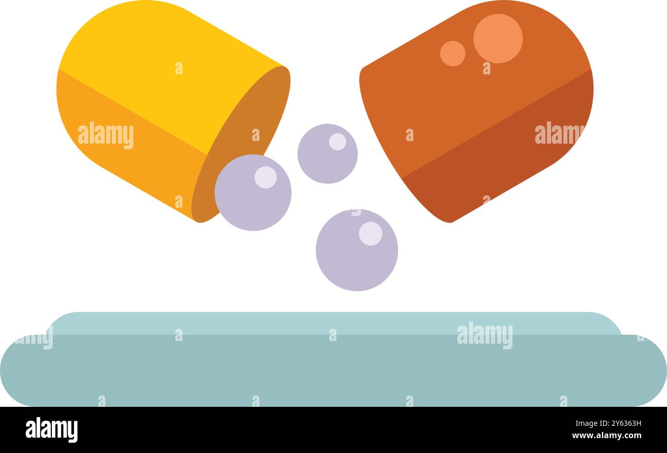 Open yellow and brown pill capsule releasing tiny white balls on a ...