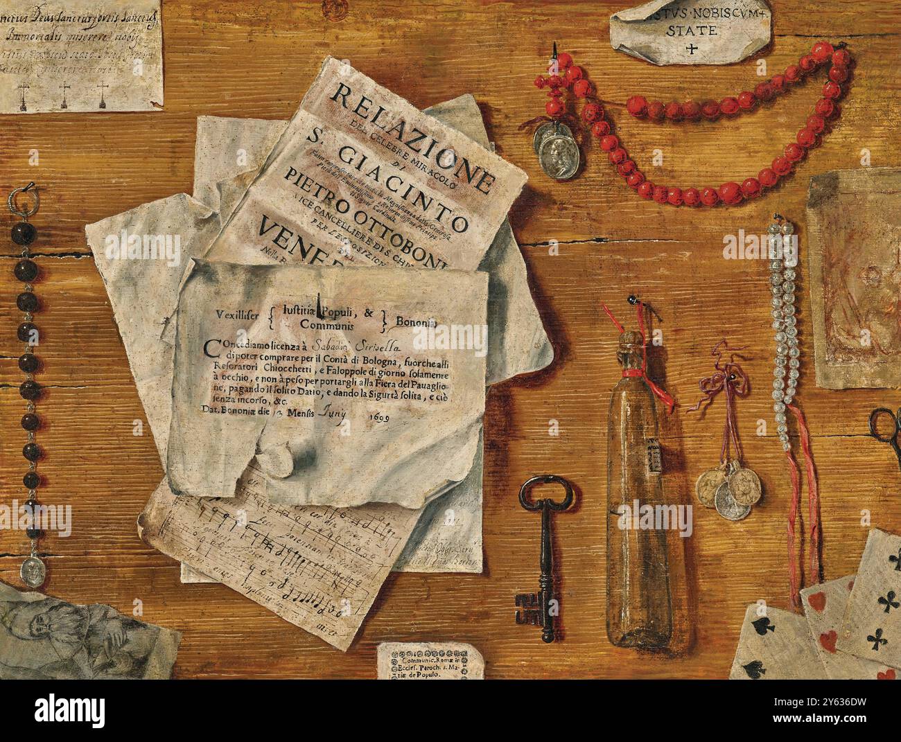 Trompe-l'oeil with several sheets of paper, a key, playing cards and ...