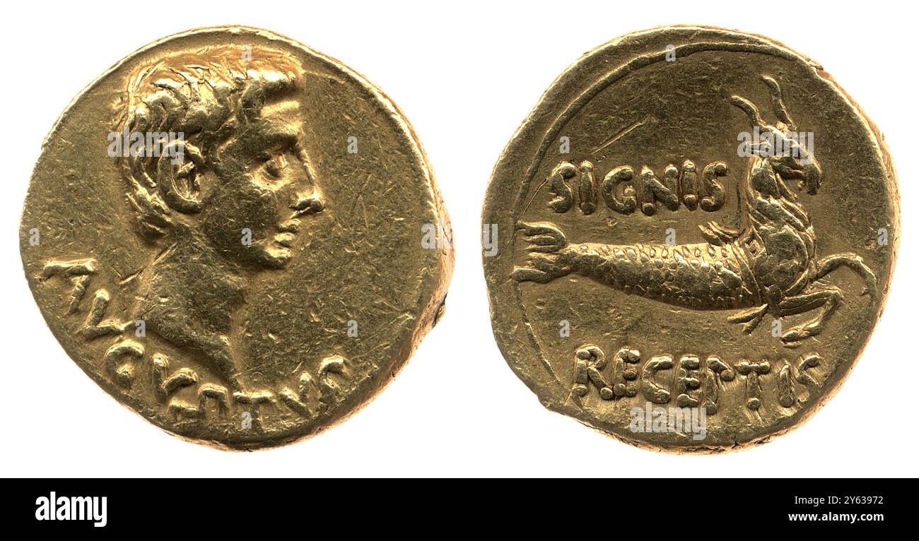 Gold coin of Augustus (Octavian). Head of Augustus (obverse), Capricorn ...